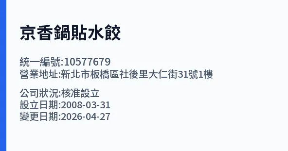 京香鍋貼水餃的照片-統編 10577679(新北市) 公司登記資料與營業項目詳細圖表