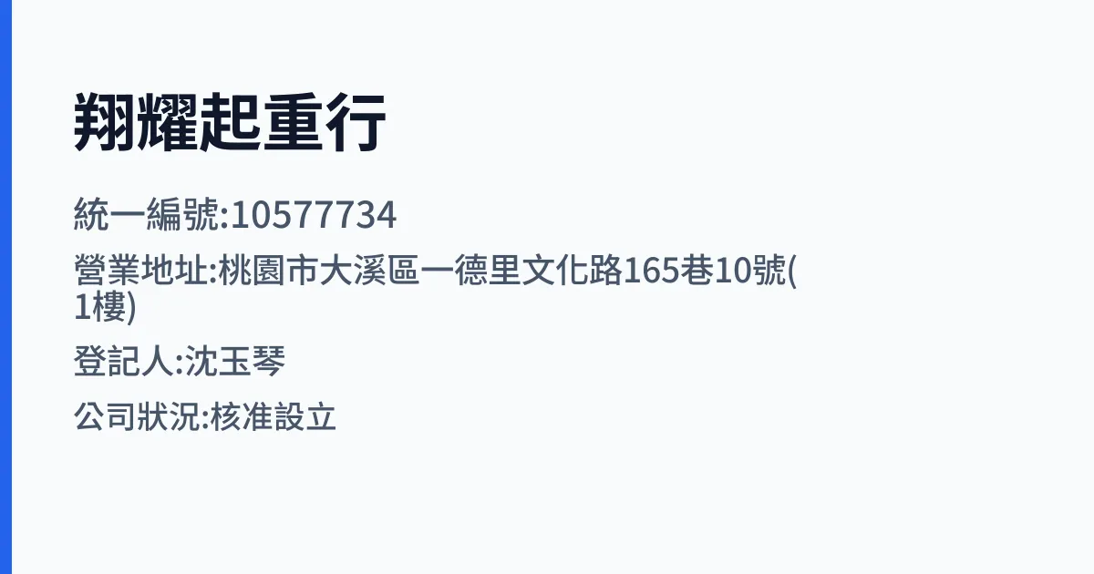 翔耀起重行 - 統編 10577734(桃園市) 公司登記資料與營業項目詳細圖表