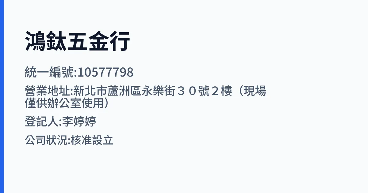 鴻鈦五金行 - 統編 10577798(新北市) 公司登記資料與營業項目詳細圖表