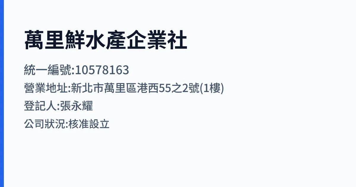 萬里鮮水產企業社 - 統編 10578163(新北市) 公司登記資料與營業項目詳細圖表