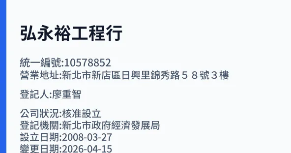 弘永裕工程行的照片-統編 10578852(新北市) 公司登記資料與營業項目詳細圖表
