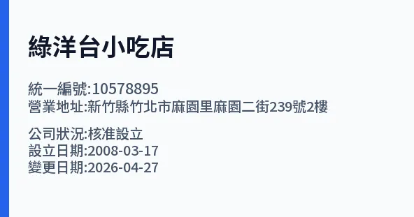 綠洋台小吃店的照片-統編 10578895(新竹縣) 公司登記資料與營業項目詳細圖表