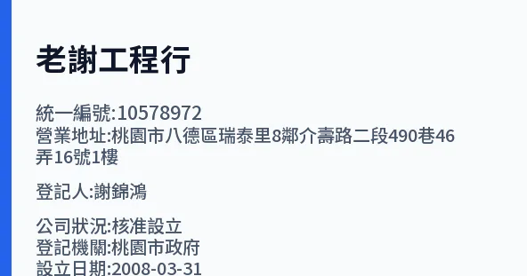 老謝工程行的照片-統編 10578972(桃園市) 公司登記資料與營業項目詳細圖表