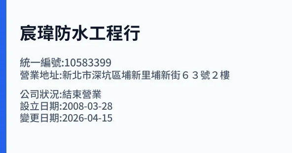 宸瑋防水工程行的照片-統編 10583399(新北市) 公司登記資料與營業項目詳細圖表