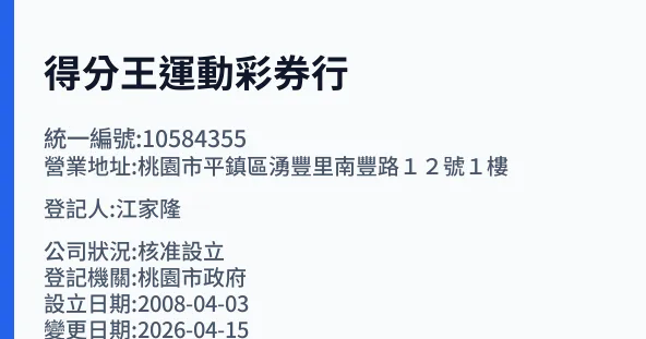 得分王運動彩券行的照片-統編 10584355(桃園市) 公司登記資料與營業項目詳細圖表
