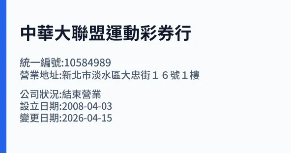 中華大聯盟運動彩券行的照片-統編 10584989(新北市) 公司登記資料與營業項目詳細圖表
