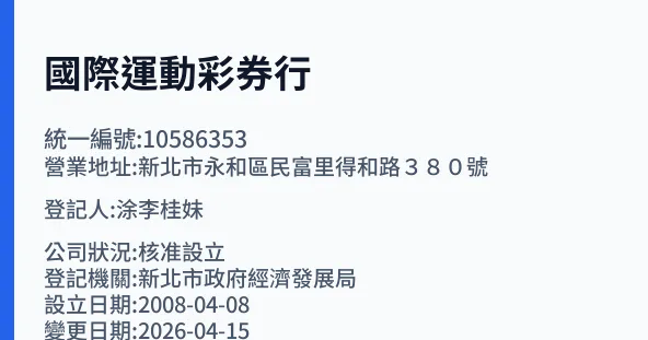 國際運動彩券行的照片-統編 10586353(新北市) 公司登記資料與營業項目詳細圖表