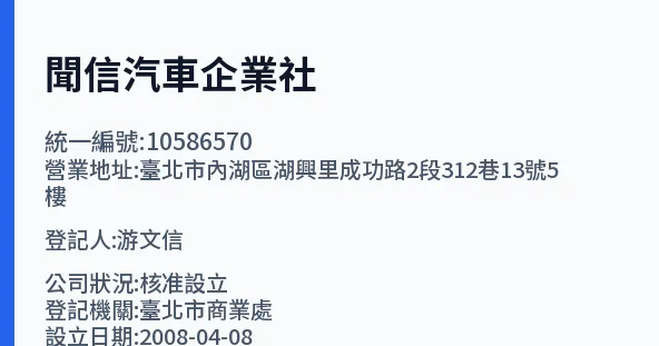 聞信汽車企業社的照片-統編 10586570(臺北市) 公司登記資料與營業項目詳細圖表