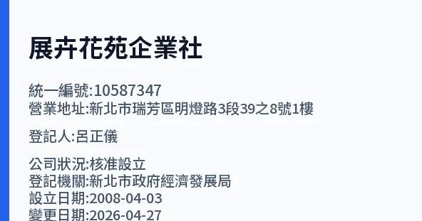 展卉花苑企業社的照片-統編 10587347(新北市) 公司登記資料與營業項目詳細圖表