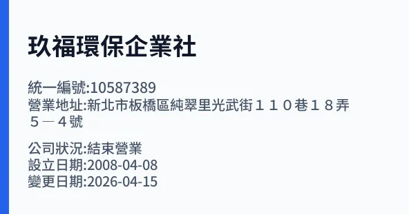 玖福環保企業社的照片-統編 10587389(新北市) 公司登記資料與營業項目詳細圖表