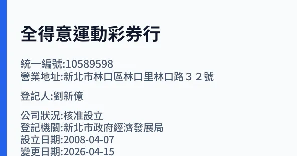 全得意運動彩券行的照片-統編 10589598(新北市) 公司登記資料與營業項目詳細圖表
