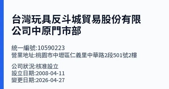 台灣玩具反斗城貿易股份有限公司中原門市部的照片-統編 10590223(桃園市) 公司登記資料與營業項目詳細圖表