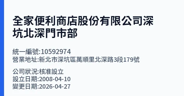全家便利商店股份有限公司深坑北深門市部的照片-統編 10592974(新北市) 公司登記資料與營業項目詳細圖表