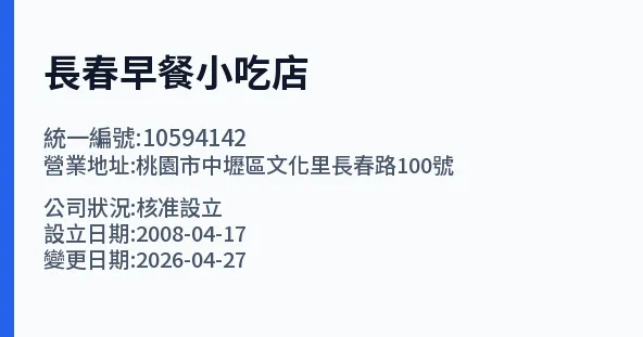 長春早餐小吃店的照片-統編 10594142(桃園市) 公司登記資料與營業項目詳細圖表