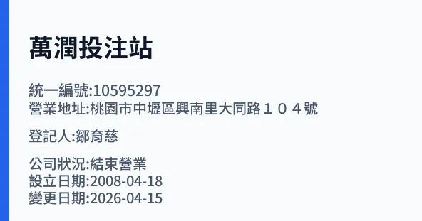 萬潤投注站的照片-統編 10595297(桃園市) 公司登記資料與營業項目詳細圖表