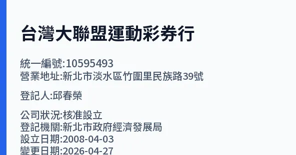 台灣大聯盟運動彩券行的照片-統編 10595493(新北市) 公司登記資料與營業項目詳細圖表