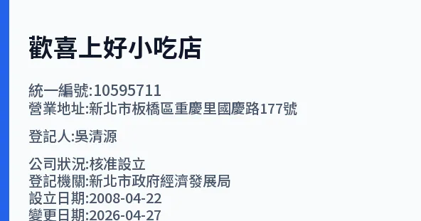 歡喜上好小吃店的照片-統編 10595711(新北市) 公司登記資料與營業項目詳細圖表