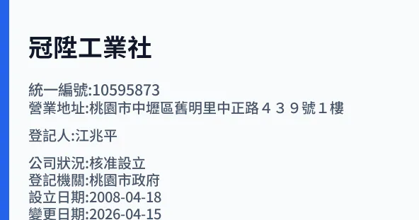 冠陞工業社的照片-統編 10595873(桃園市) 公司登記資料與營業項目詳細圖表