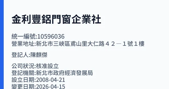 金利豐鋁門窗企業社的照片-統編 10596036(新北市) 公司登記資料與營業項目詳細圖表