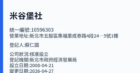 米谷堡社的照片-統編 10596303(新北市) 公司登記資料與營業項目詳細圖表