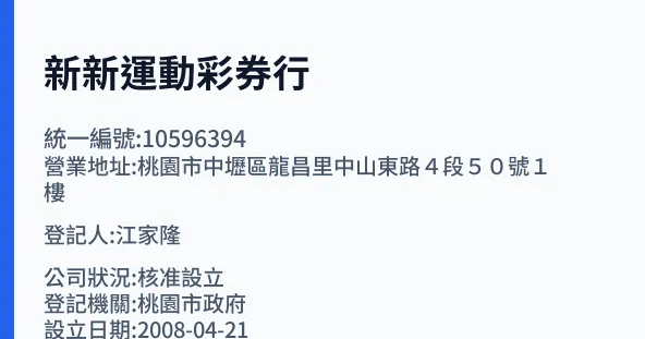 新新運動彩券行的照片-統編 10596394(桃園市) 公司登記資料與營業項目詳細圖表