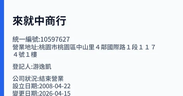 來就中商行的照片-統編 10597627(桃園市) 公司登記資料與營業項目詳細圖表