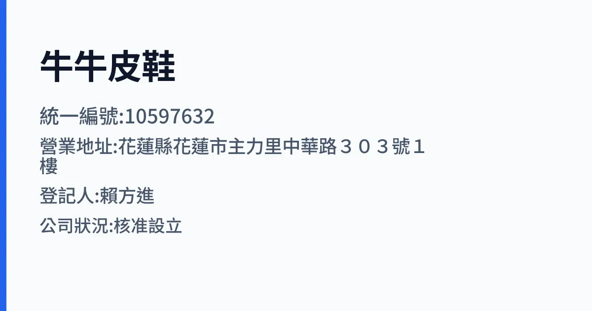 牛牛皮鞋 - 統編 10597632(花蓮縣) 公司登記資料與營業項目詳細圖表