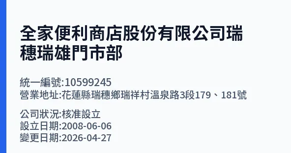 全家便利商店股份有限公司瑞穗瑞雄門市部的照片-統編 10599245(花蓮縣) 公司登記資料與營業項目詳細圖表