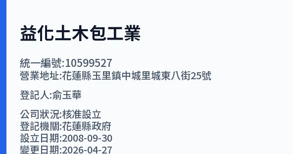益化土木包工業的照片-統編 10599527(花蓮縣) 公司登記資料與營業項目詳細圖表