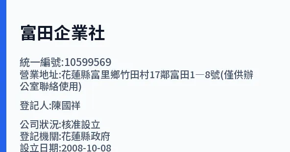 富田企業社的照片-統編 10599569(花蓮縣) 公司登記資料與營業項目詳細圖表