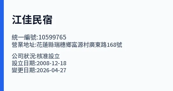 江佳民宿的照片-統編 10599765(花蓮縣) 公司登記資料與營業項目詳細圖表