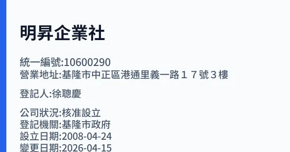 明昇企業社的照片-統編 10600290(基隆市) 公司登記資料與營業項目詳細圖表