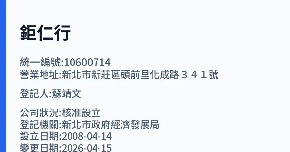 鉅仁行的照片-統編 10600714(新北市) 公司登記資料與營業項目詳細圖表