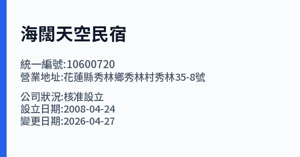 海闊天空民宿的照片-統編 10600720(花蓮縣) 公司登記資料與營業項目詳細圖表