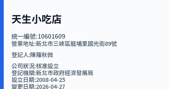 天生小吃店的照片-統編 10601609(新北市) 公司登記資料與營業項目詳細圖表
