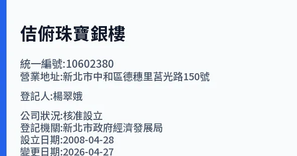 佶俯珠寶銀樓的照片-統編 10602380(新北市) 公司登記資料與營業項目詳細圖表