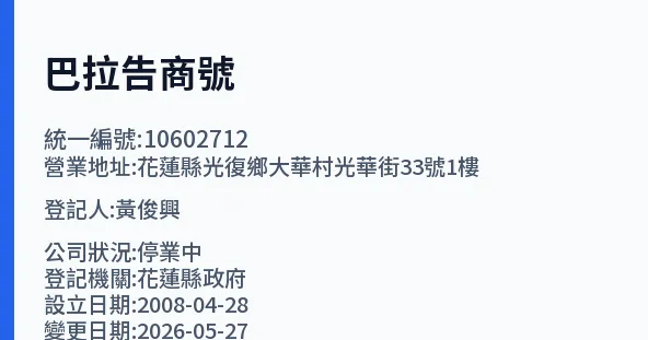 巴拉告商號的照片-統編 10602712(花蓮縣) 公司登記資料與營業項目詳細圖表