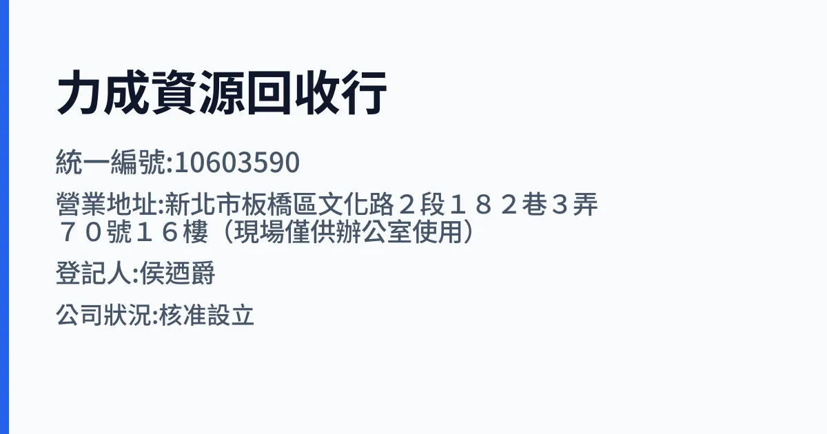 力成資源回收行 - 統編 10603590(新北市) 公司登記資料與營業項目詳細圖表