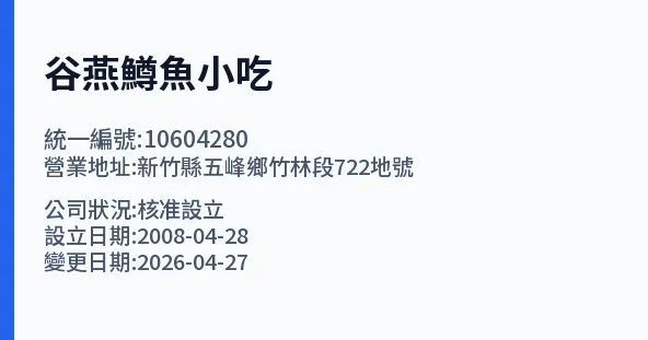 谷燕鱒魚小吃的照片-統編 10604280(新竹縣) 公司登記資料與營業項目詳細圖表