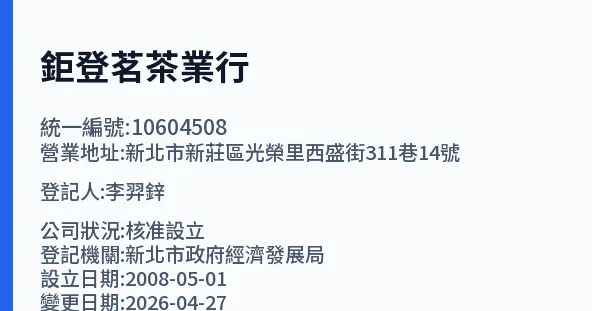 鉅登茗茶業行的照片-統編 10604508(新北市) 公司登記資料與營業項目詳細圖表
