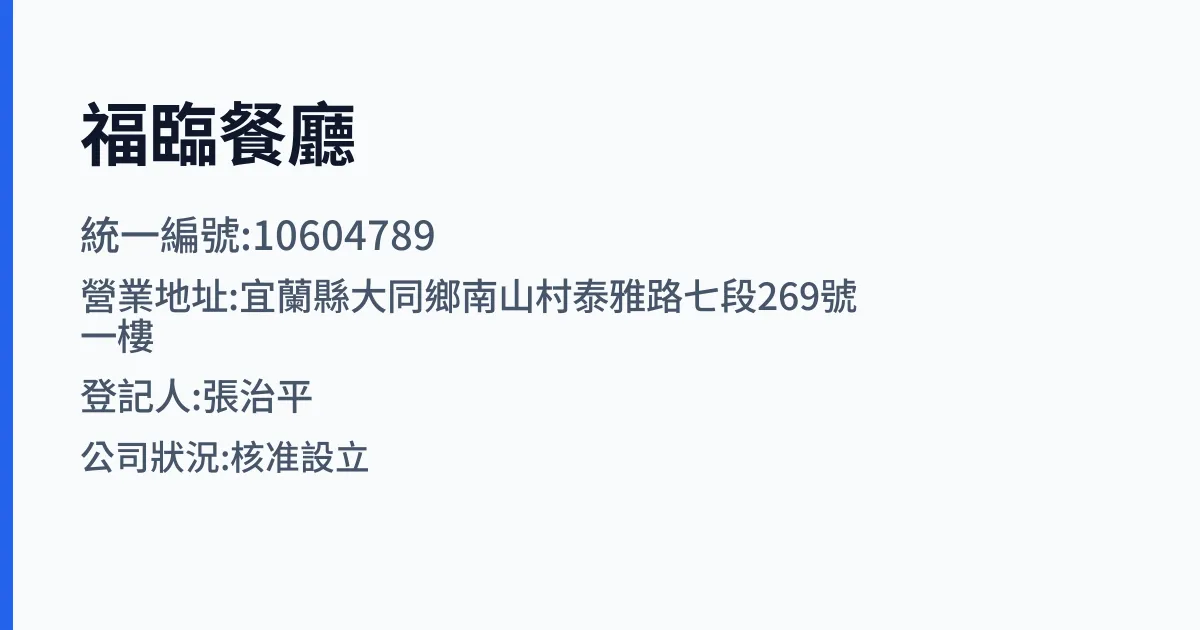 福臨餐廳 - 統編 10604789(宜蘭縣) 公司登記資料與營業項目詳細圖表