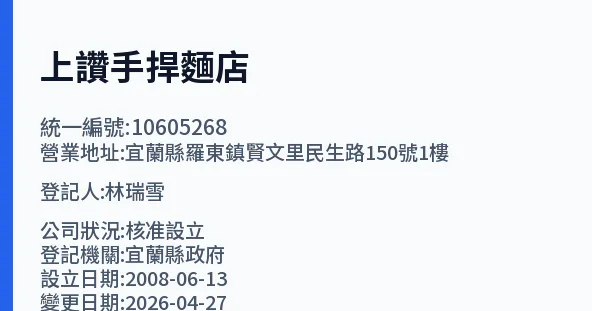 上讚手捍麵店的照片-統編 10605268(宜蘭縣) 公司登記資料與營業項目詳細圖表