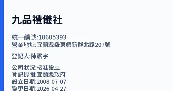 九品禮儀社的照片-統編 10605393(宜蘭縣) 公司登記資料與營業項目詳細圖表