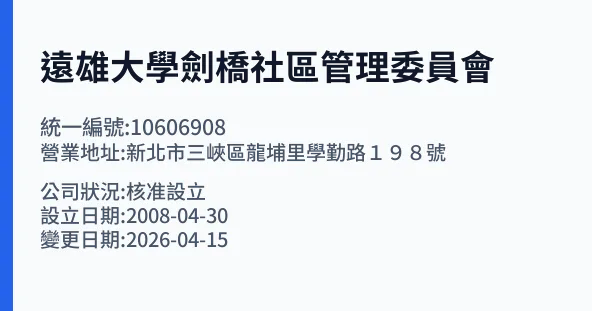 遠雄大學劍橋社區管理委員會的照片-統編 10606908(新北市) 公司登記資料與營業項目詳細圖表