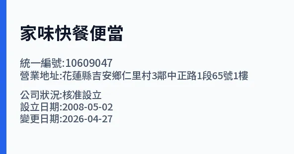 家味快餐便當的照片-統編 10609047(花蓮縣) 公司登記資料與營業項目詳細圖表