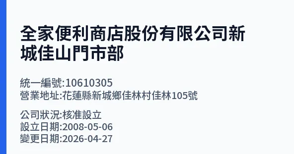 全家便利商店股份有限公司新城佳山門市部的照片-統編 10610305(花蓮縣) 公司登記資料與營業項目詳細圖表
