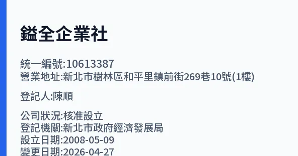 鎰全企業社的照片-統編 10613387(新北市) 公司登記資料與營業項目詳細圖表