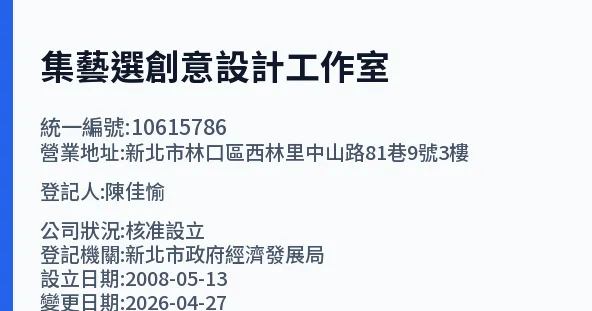 集藝選創意設計工作室的照片-統編 10615786(新北市) 公司登記資料與營業項目詳細圖表