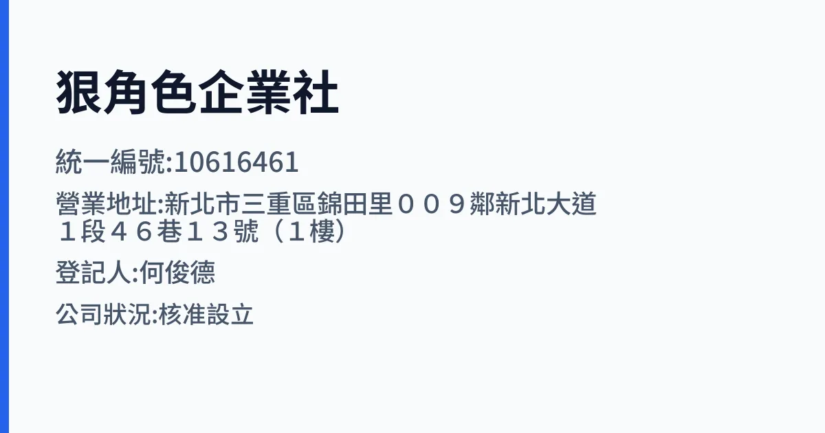 狠角色企業社 - 統編 10616461(新北市) 公司登記資料與營業項目詳細圖表