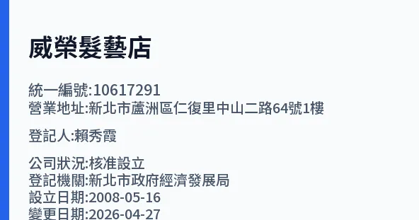 威榮髮藝店的照片-統編 10617291(新北市) 公司登記資料與營業項目詳細圖表